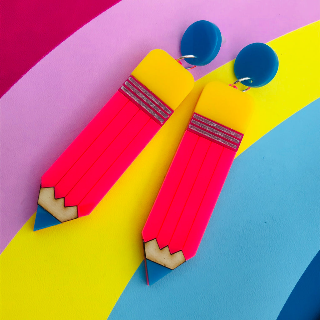 Statement Neon Pink Pencil Acrylic Earrings – Little Pig Jewellery Design
