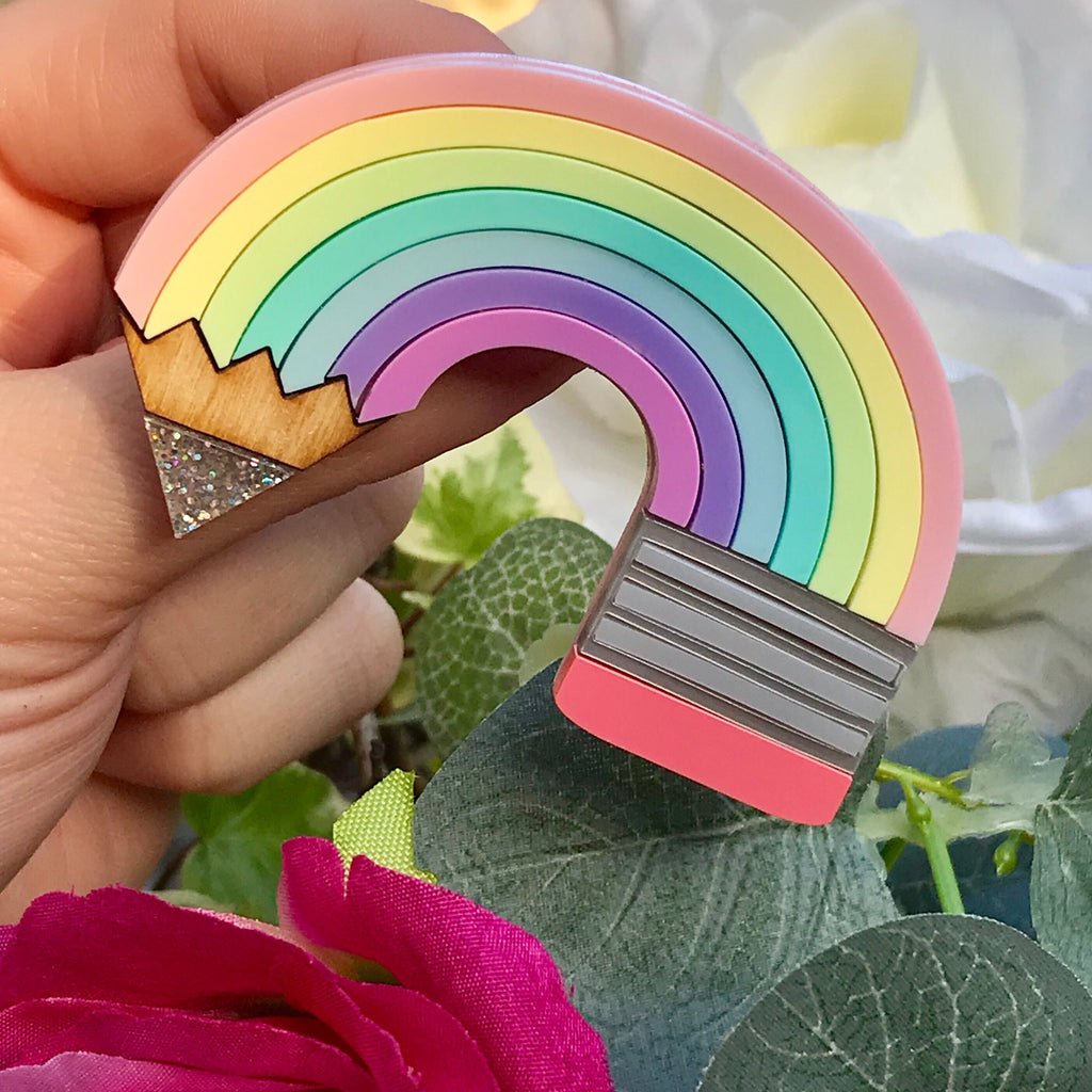 Pastel Rainbow Pencil Acrylic Brooch – Little Pig Jewellery Design